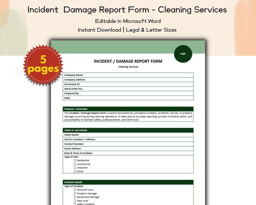 Cleaning Services Incident / Damage Report Form Editable and Printable ...