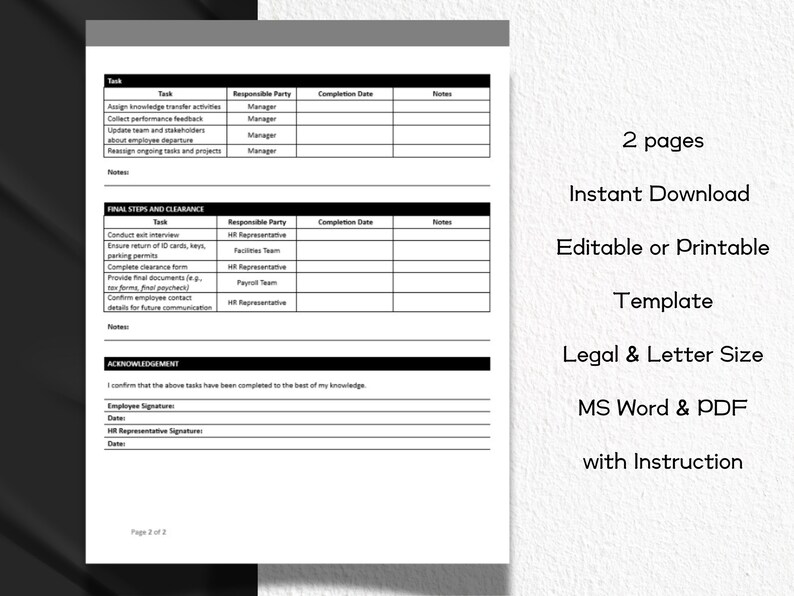 Exit Checklist for Departing Employees Form Editable and Printable ...