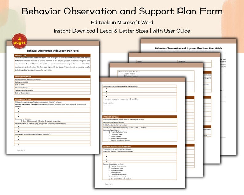 Daycare Behavior Observation and Support Plan Form Editable and ...