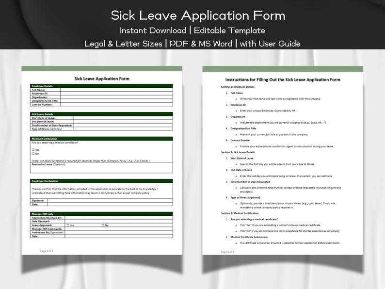 Sick Leave Application Form Editable and Printable Template | Employee ...