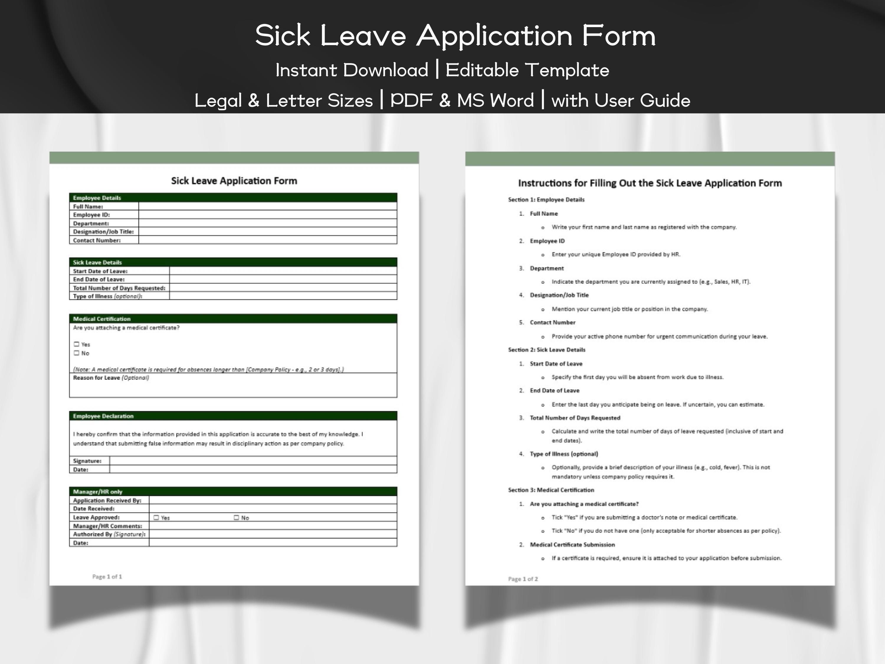 Sick Leave Application Form Editable and Printable Template | Employee ...