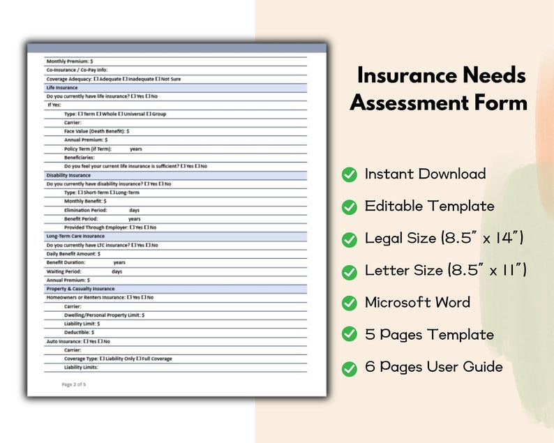 Insurance Needs Assessment Form Editable and Printable Financial ...