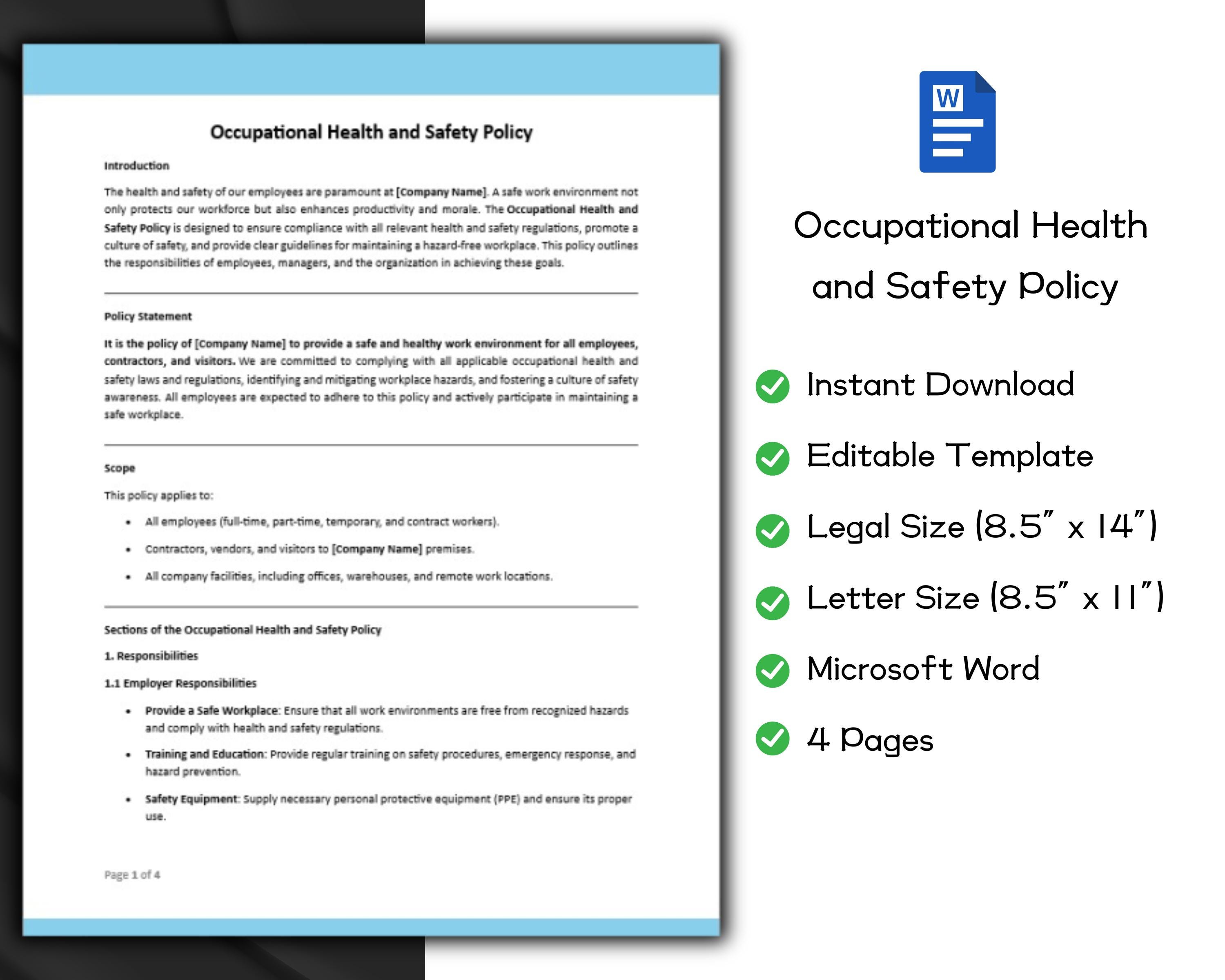 Occupational Health and Safety Policy Editable Template | Human ...