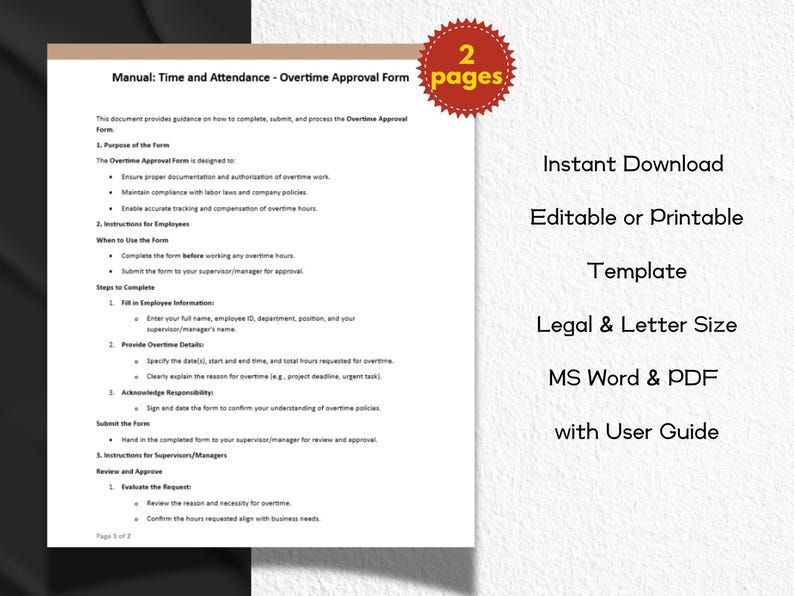 Overtime Approval Form Editable and Printable Template | Employee ...