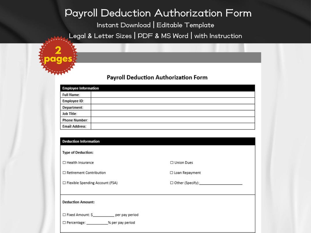 Payroll Deduction Authorization Form Editable and Printable Template ...