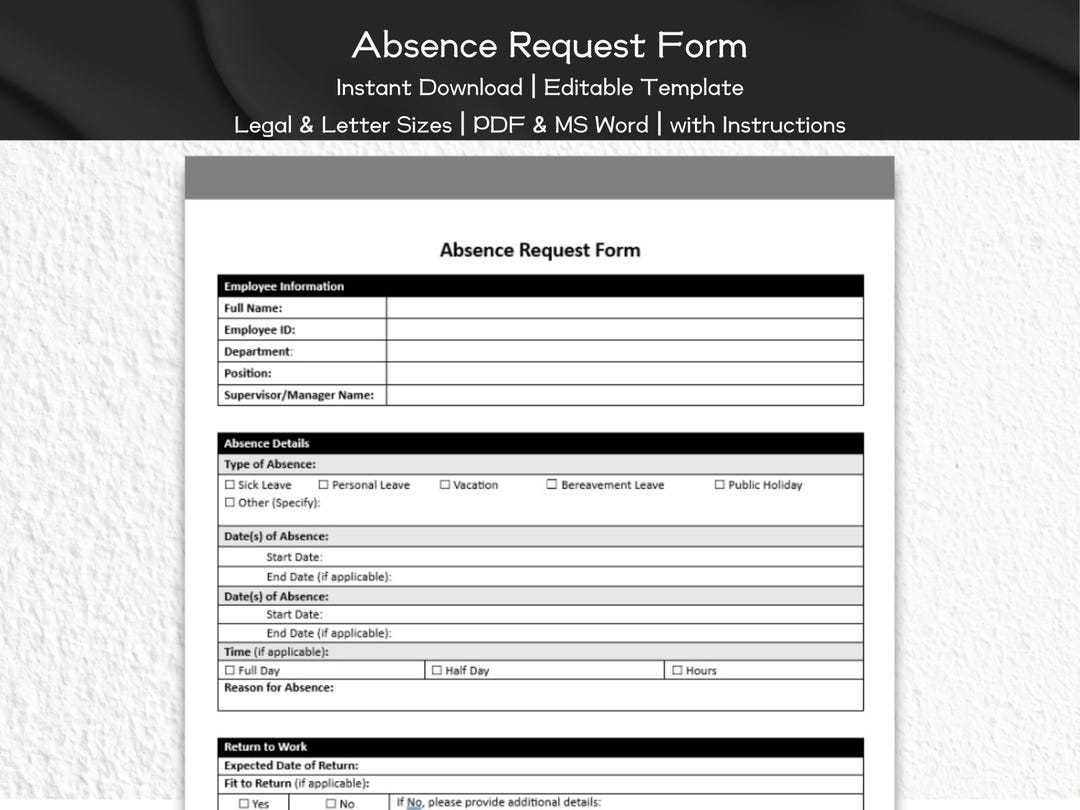Absence Request Form Template Editable and Printable | HR Professionals ...