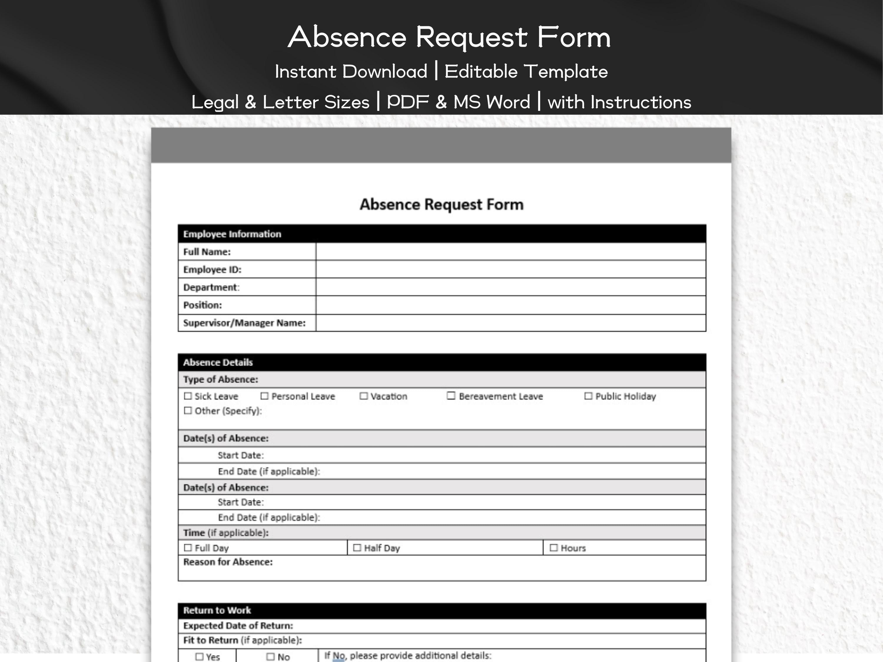 Absence Request Form Template Editable and Printable | HR Professionals ...