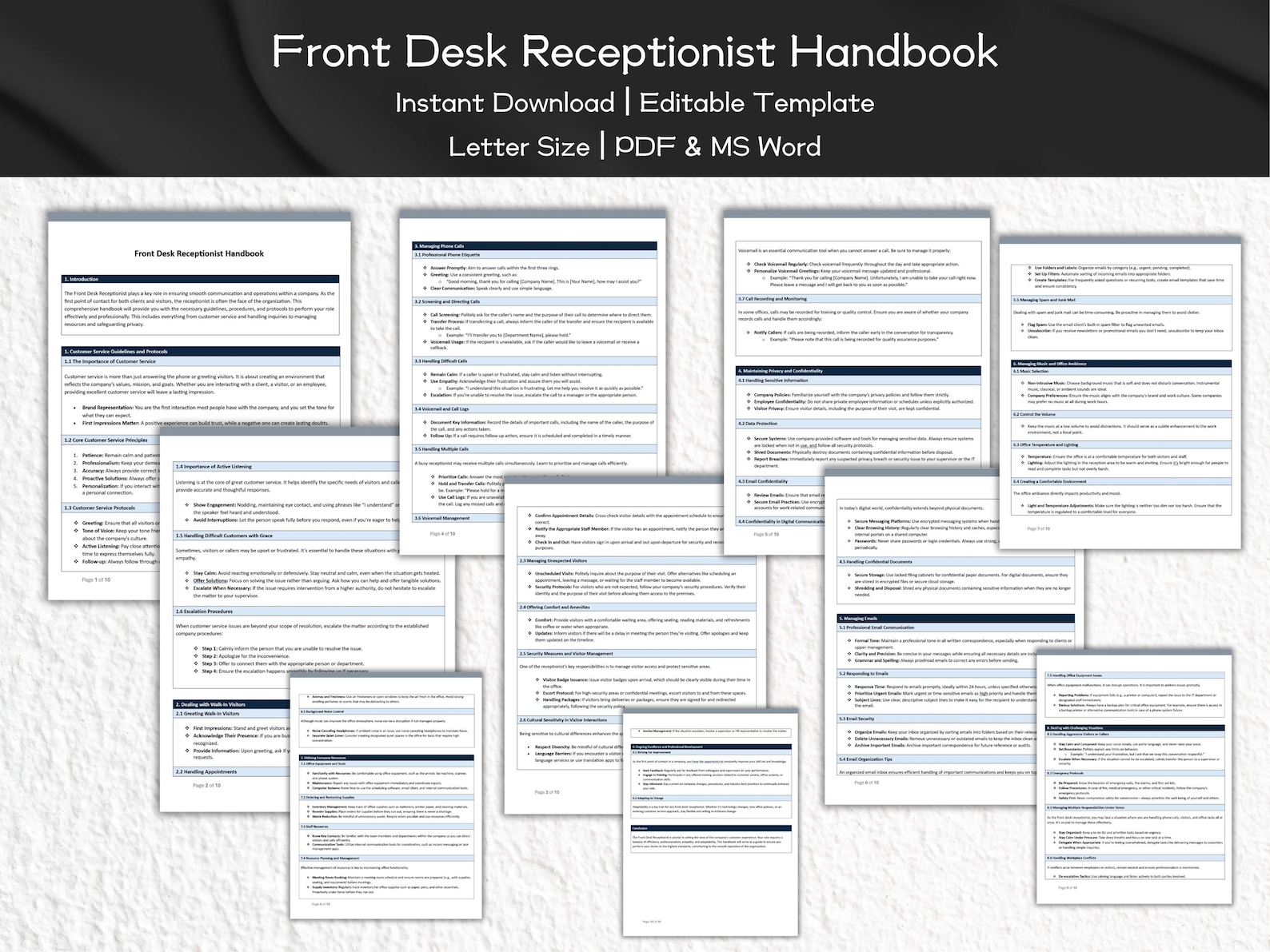 Front Desk Receptionist Handbook Editable Template | Professional ...