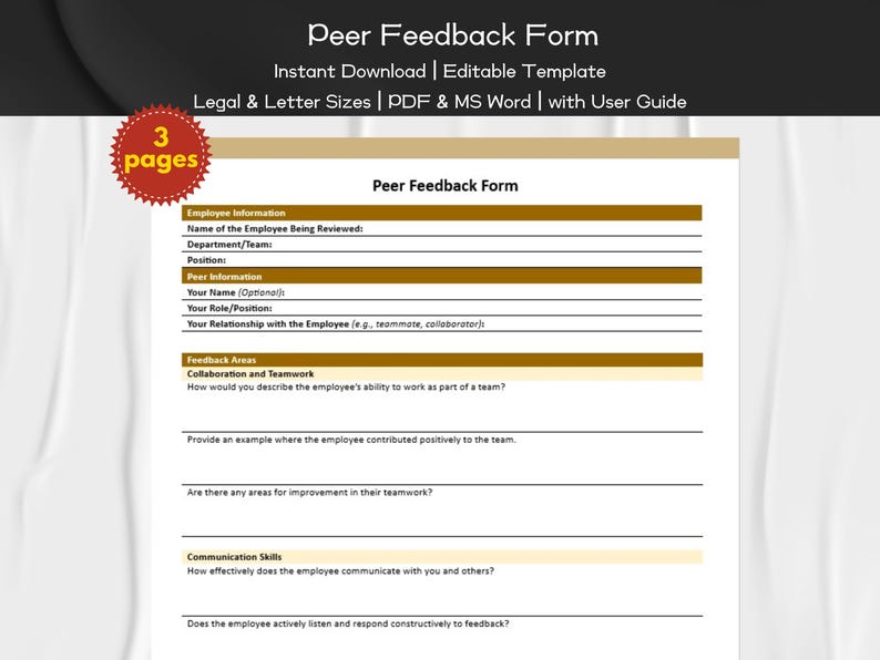 Peer Feedback Form Editable and Printable | Employee Management | Human ...