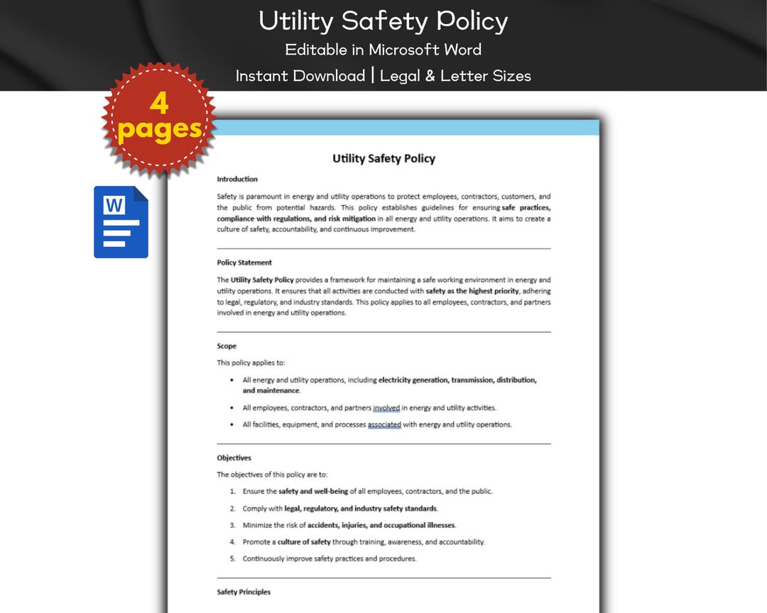 Utility Safety Policy Editable Template, Energy and Utilities, Safety ...