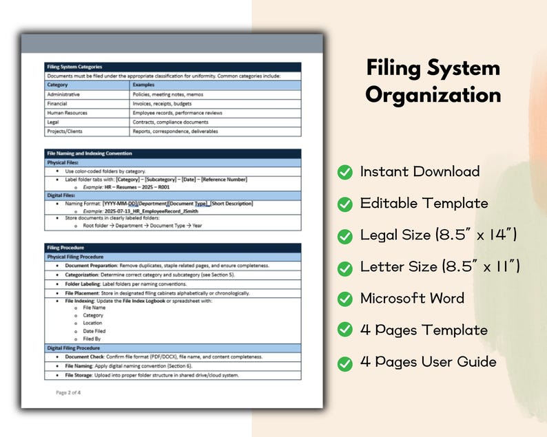 Filing System Organization Standard Operating Procedure SOP Editable ...