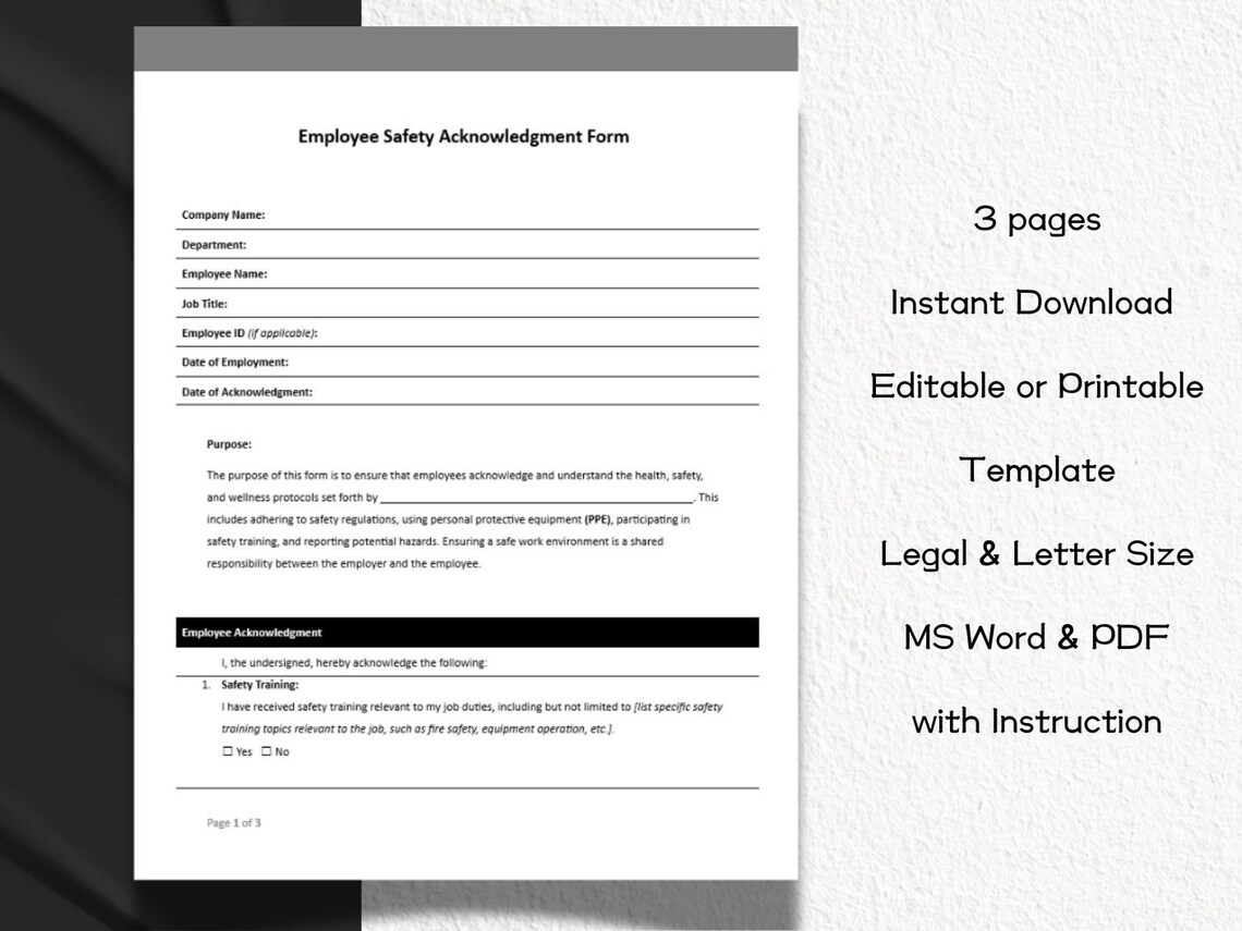 Employee Safety Acknowledgment Form Editable and Printable Template ...