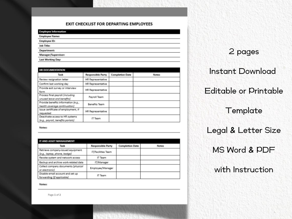 Exit Checklist for Departing Employees Form Editable and Printable ...