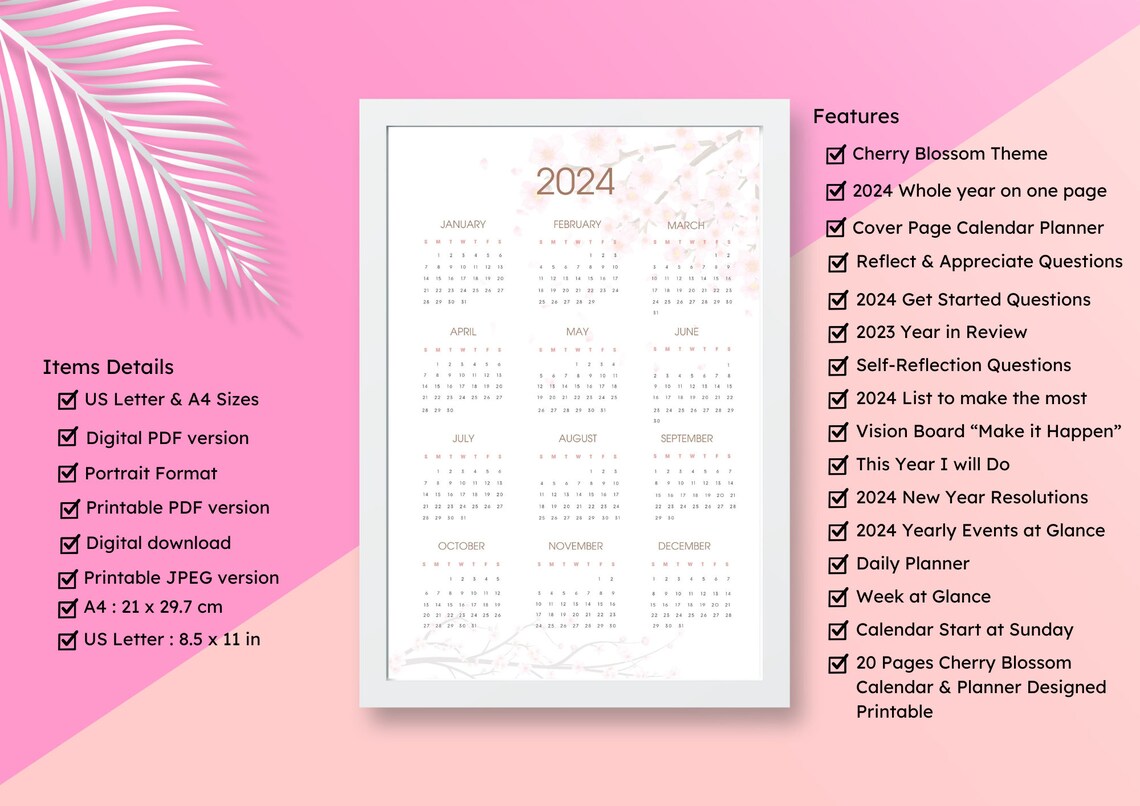 2024 Cherry Blossom Themed Calendar & Planner Your Year of Growth and ...