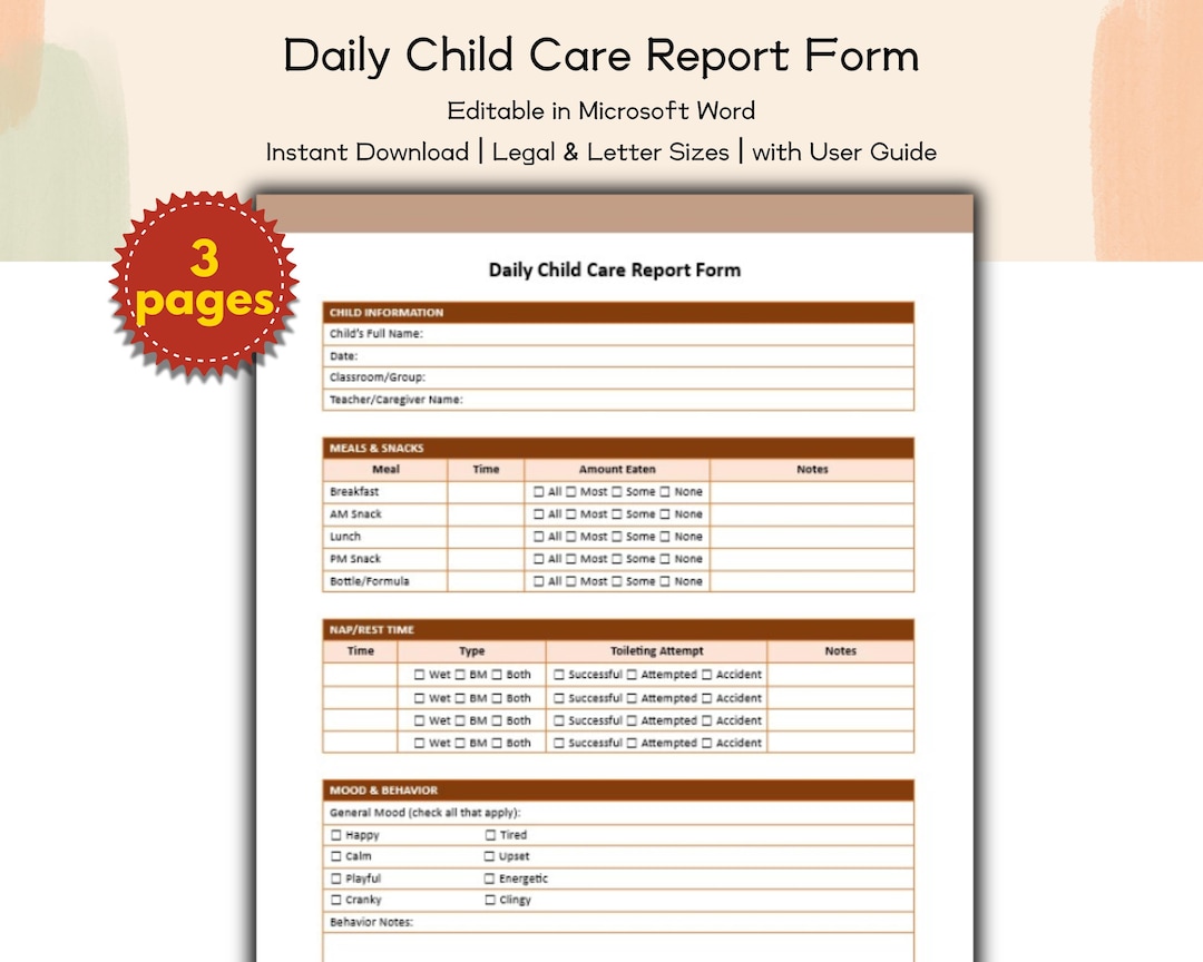 Daycare Daily Child Care Report Form Editable and Printable Template ...