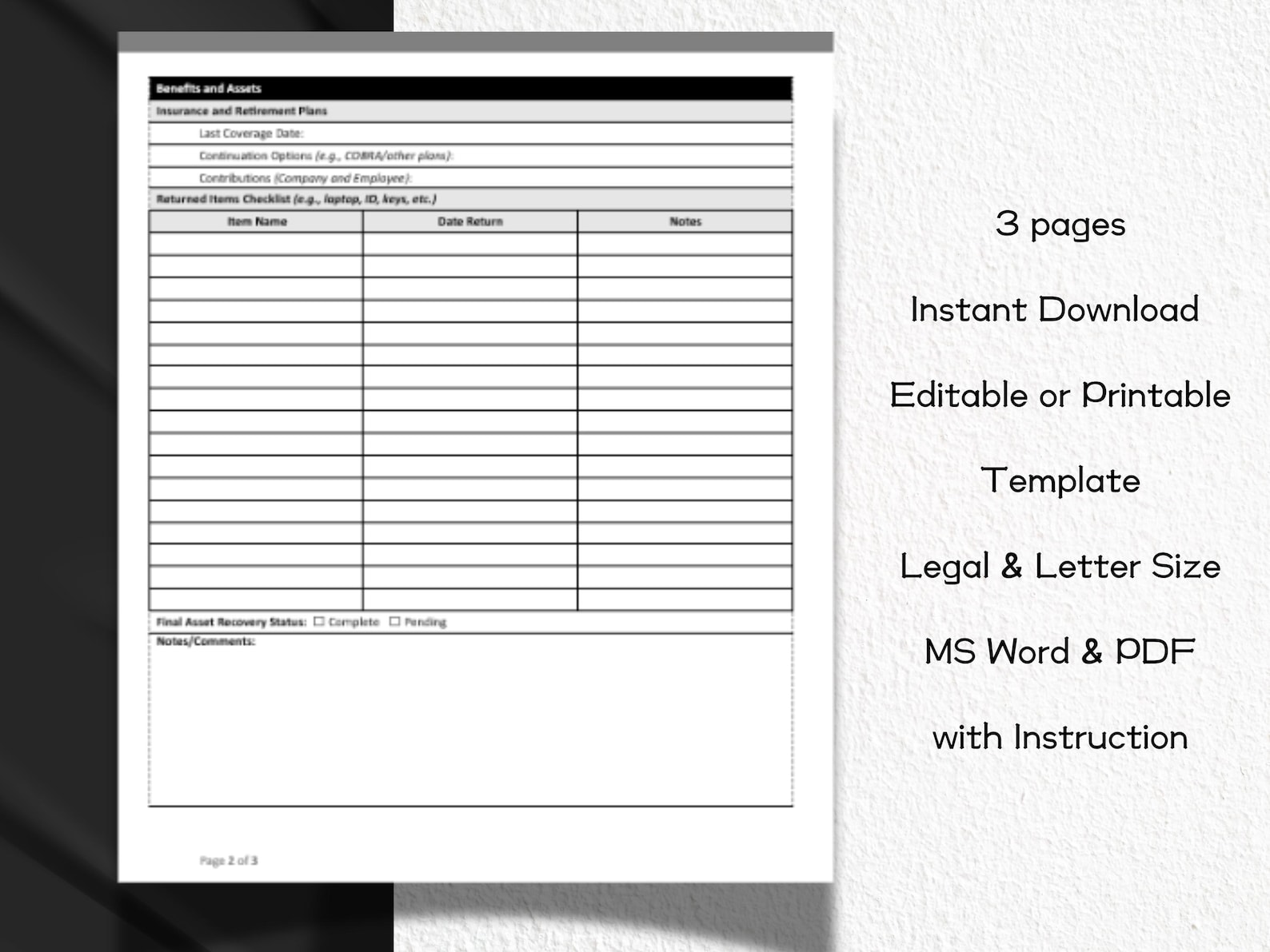 Final Pay and Benefits Form Editable and Printable Template | HR ...