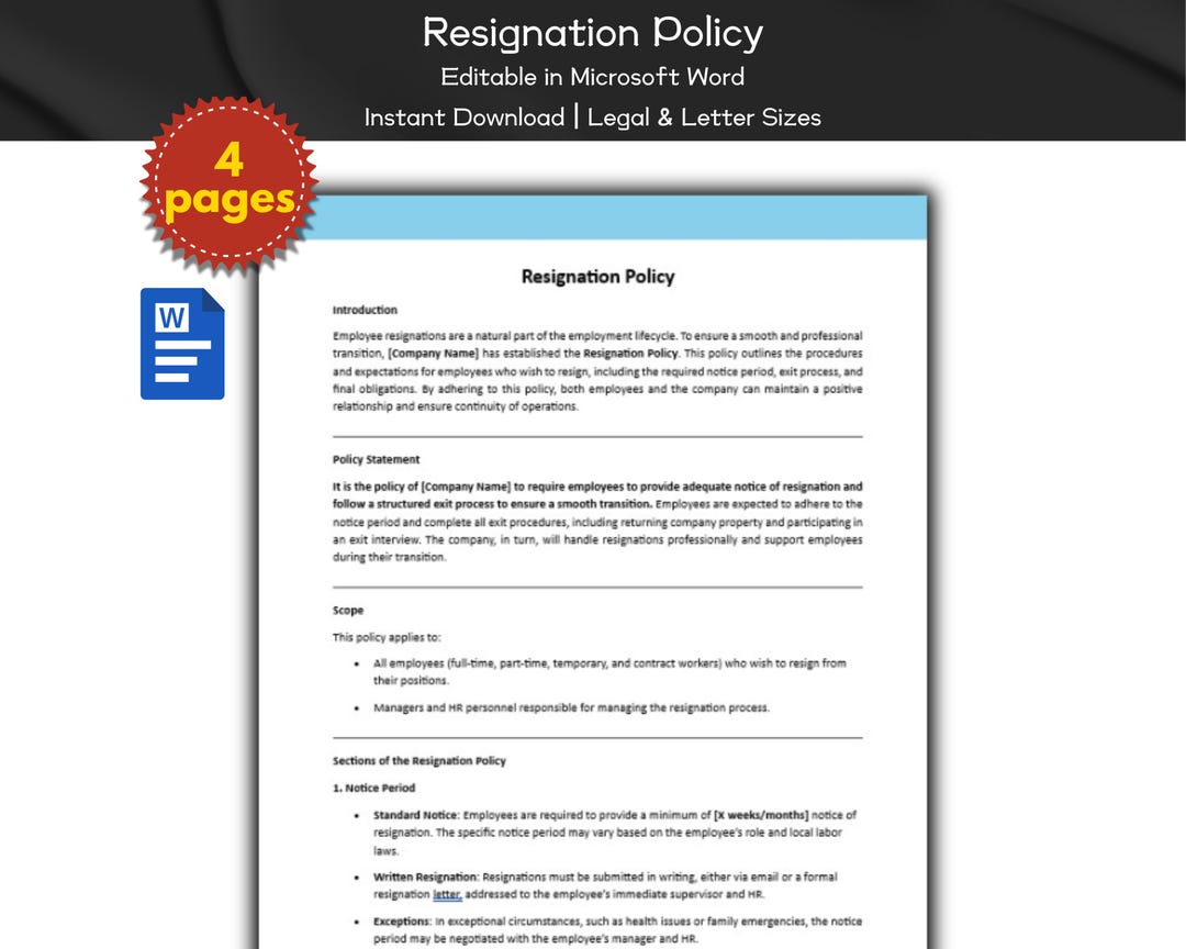 Resignation Policy Editable Template | Human Resource Policy ...
