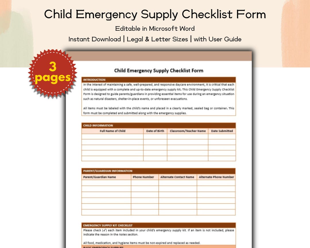 Daycare Child Emergency Supply Checklist Form Editable and Printable ...