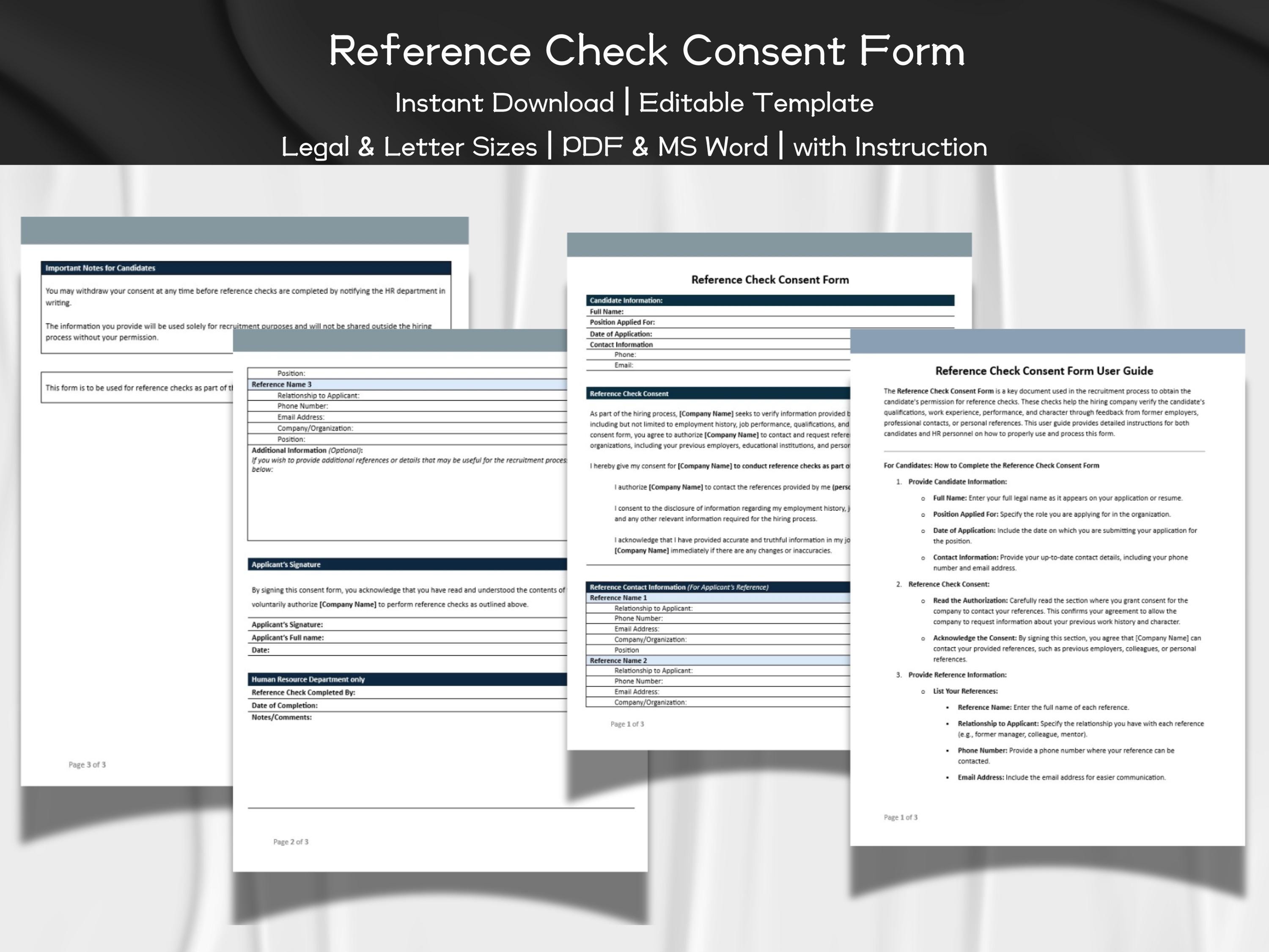 Reference Check Consent Form Editable and Printable Template With ...