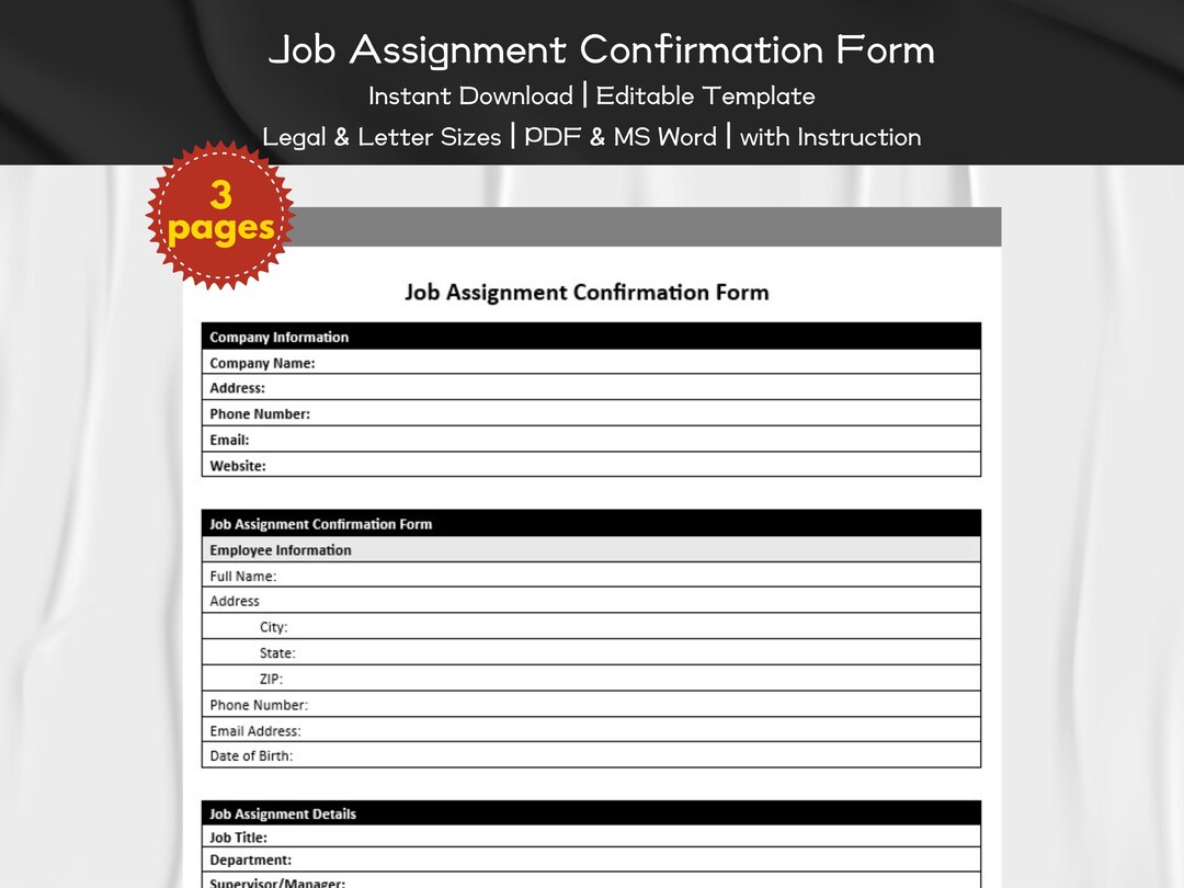 Job Assignment Confirmation Form Editable and Printable Template ...