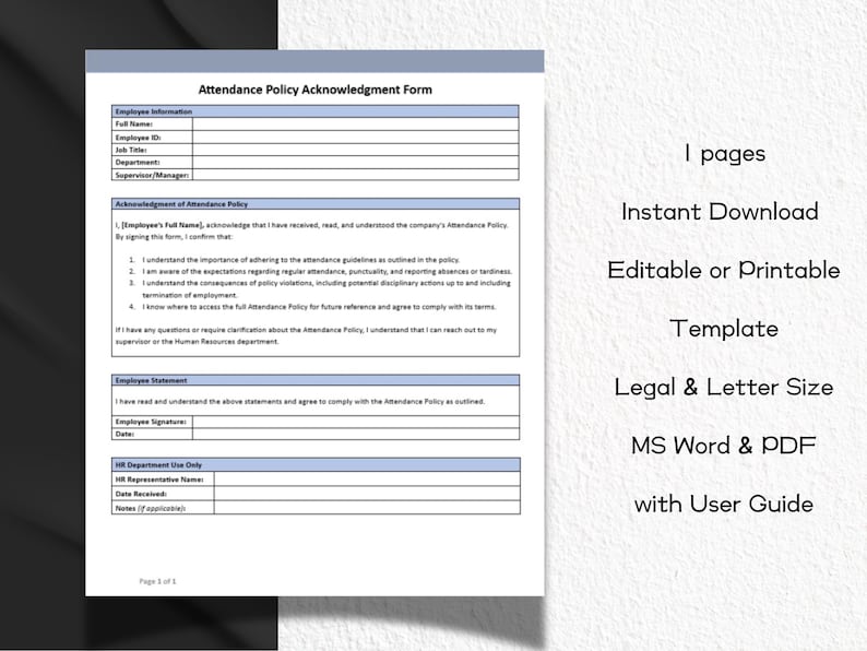 Attendance Policy Acknowledgment Form Editable and Printable Template ...