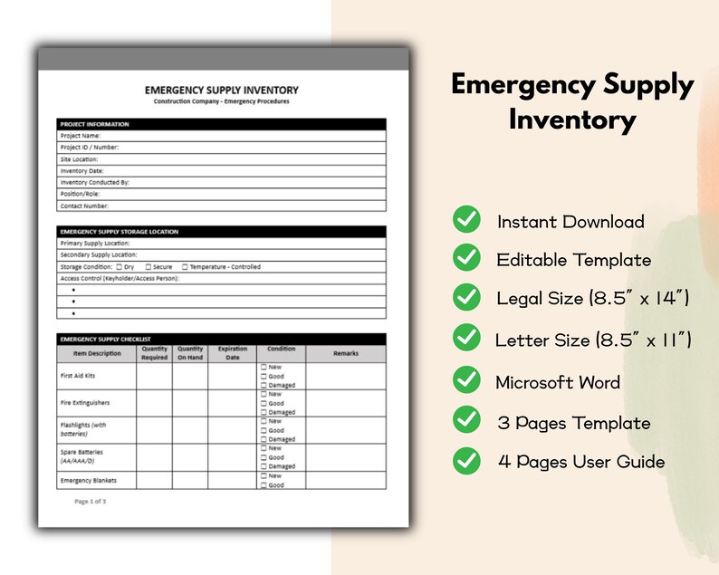 Construction Company Emergency Supply Inventory Form Editable and ...