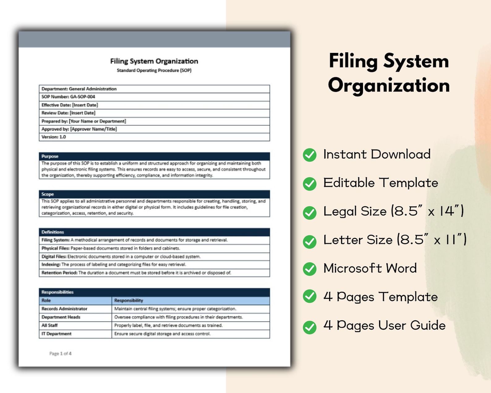 Filing System Organization Standard Operating Procedure SOP Editable ...