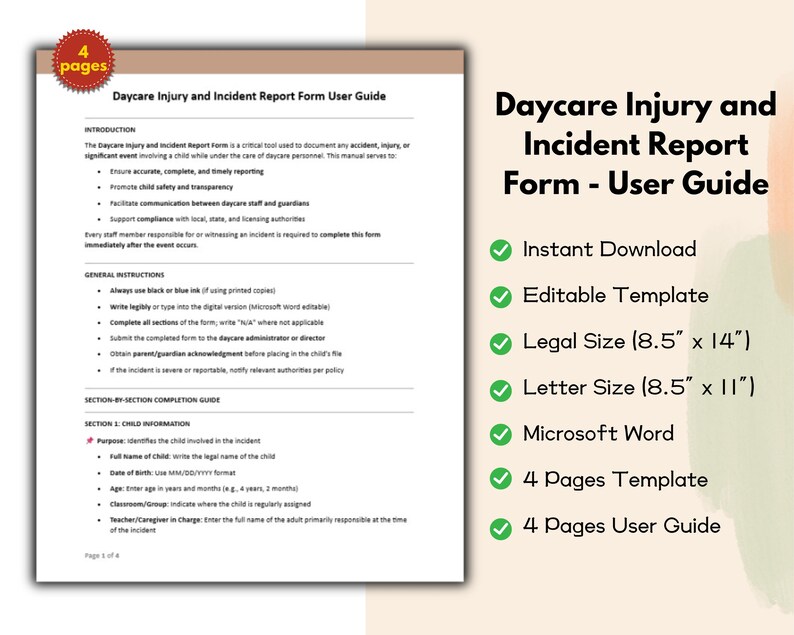 Daycare Injury and Incident Report Form Editable and Printable Template ...