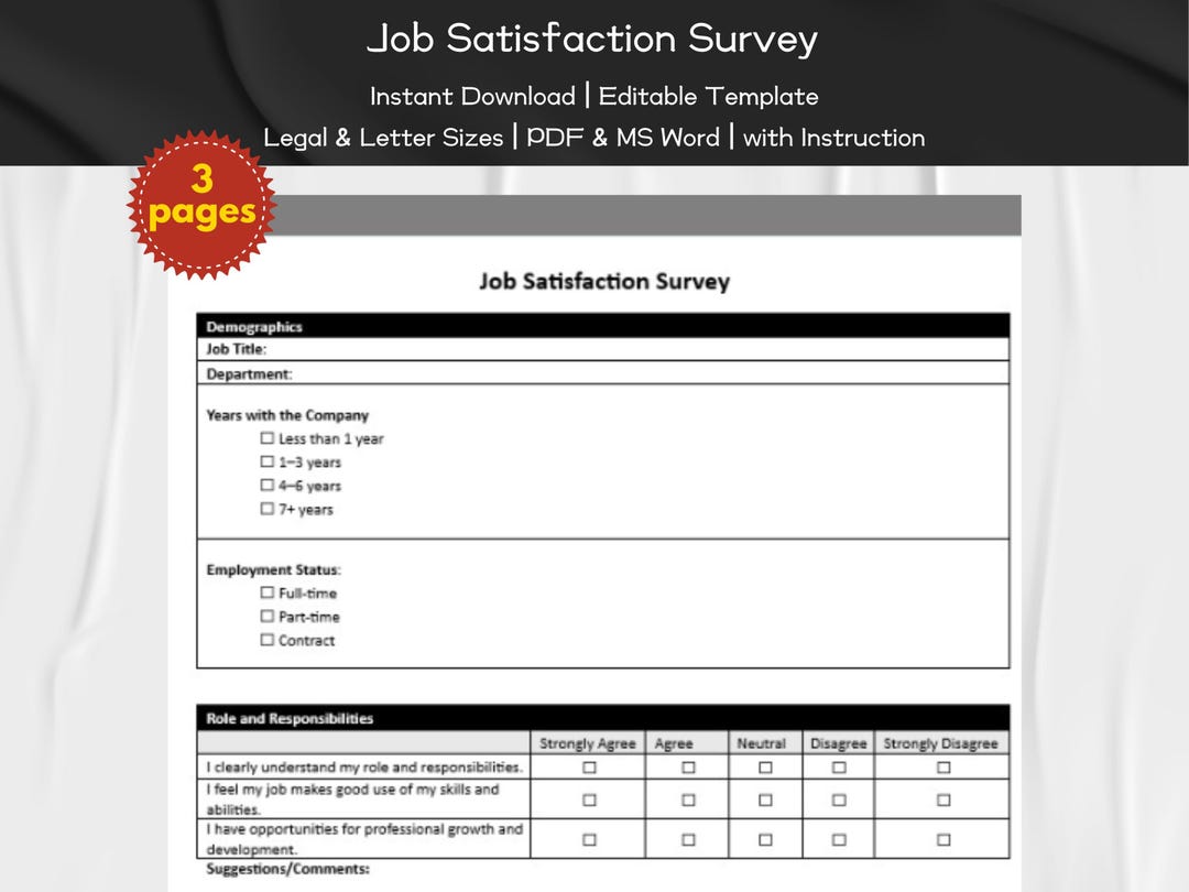 Job Satisfaction Survey Editable and Printable Template With Manual ...