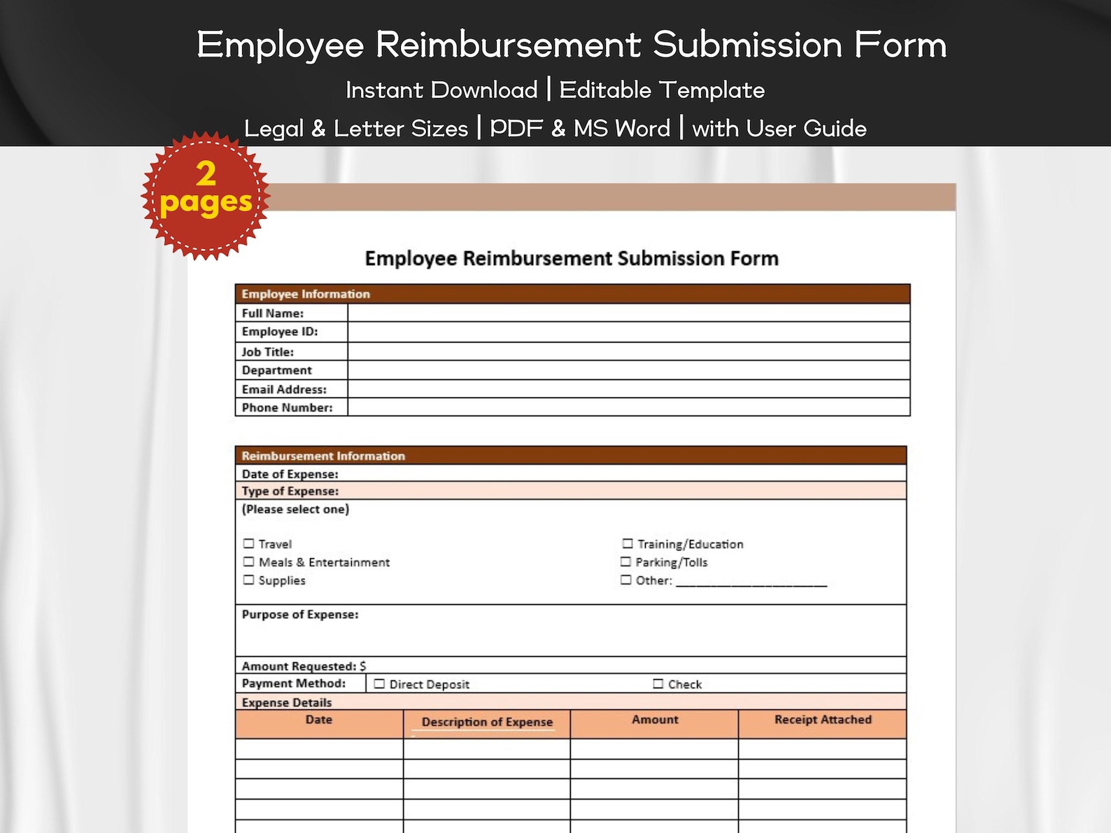 Employee Reimbursement Submission Form Editable and Printable Template ...