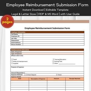 Employee Reimbursement Submission Form Editable and Printable Template | HR Employee Management ...