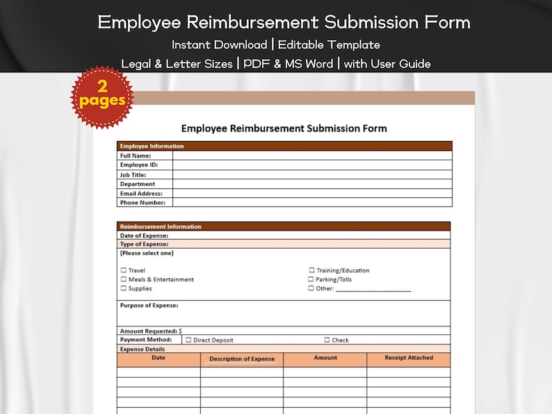 Employee Reimbursement Submission Form Editable and Printable Template ...