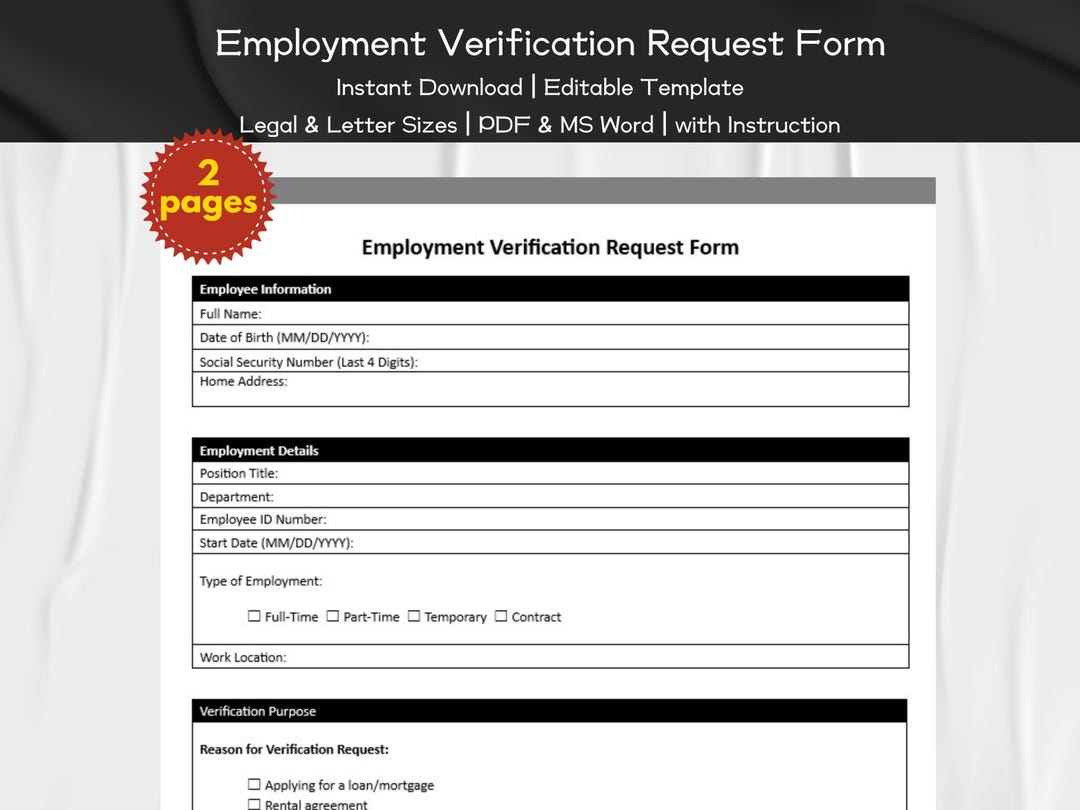 Employment Verification Request Form Editable and Printable Template ...