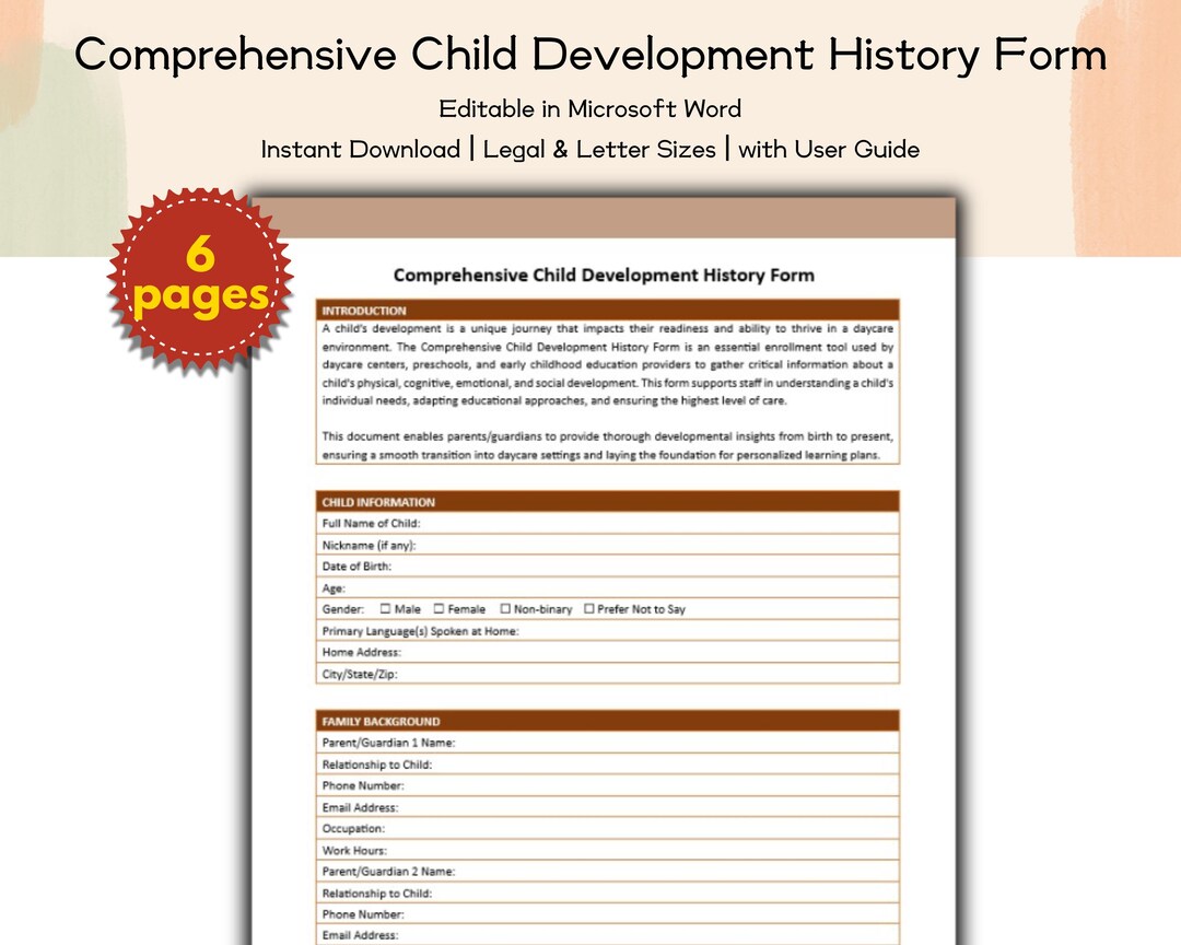 Daycare Comprehensive Child Development History Form Editable and ...