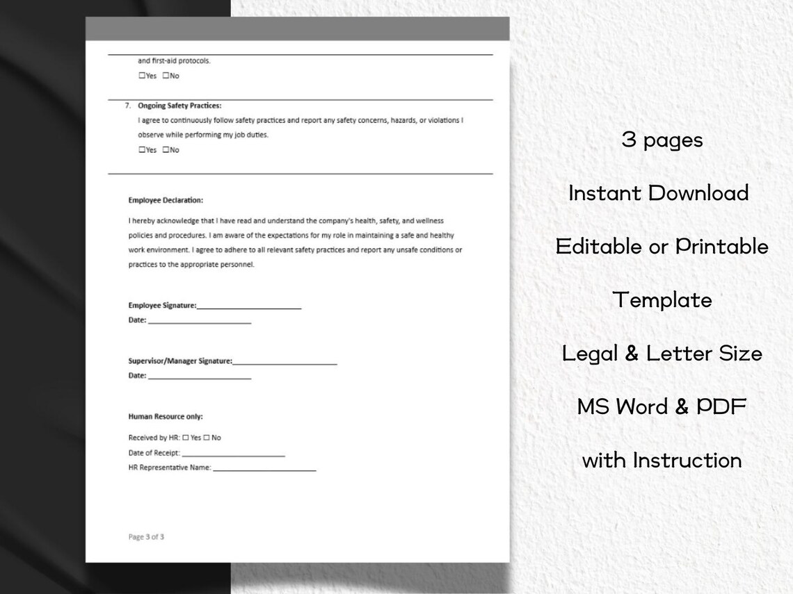 Employee Safety Acknowledgment Form Editable and Printable Template ...