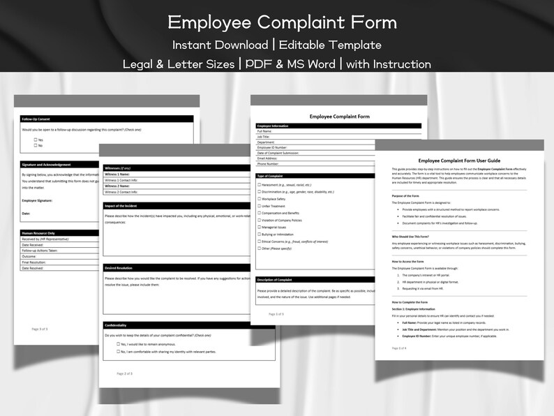 Employee Complaint Form Editable and Printable Template With Manual ...