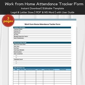 Work From Home Attendance Tracker Form Editable and Printable Template ...