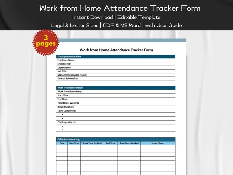 Work From Home Attendance Tracker Form Editable and Printable Template ...