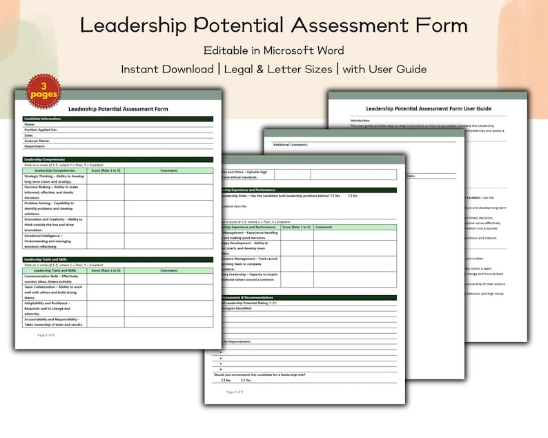 Leadership Potential Assessment Form Editable and Printable Talent ...
