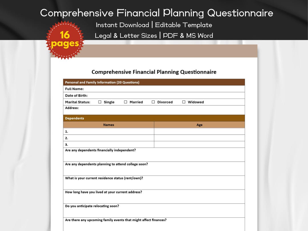 Comprehensive Financial Planning Questionnaire Tool Editable and ...