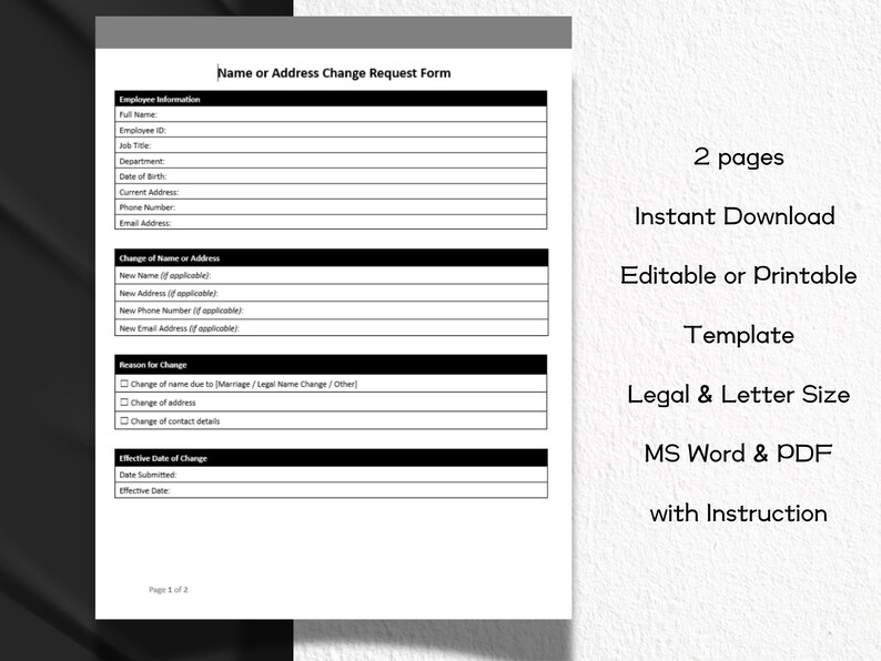 Name or Address Change Request Form Editable and Printable Template ...