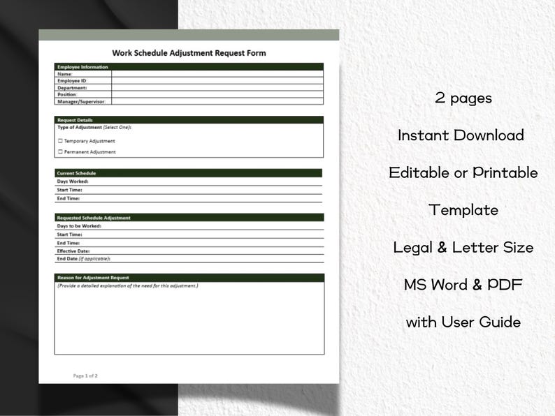 Work Schedule Adjustment Request Form Editable and Printable Template | Employee Management | HR ...