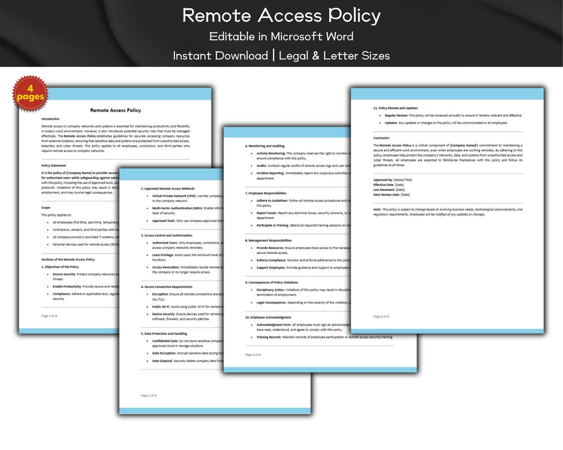 Remote Access Policy Editable Template | Human Resource Policy | Technology & Security ...