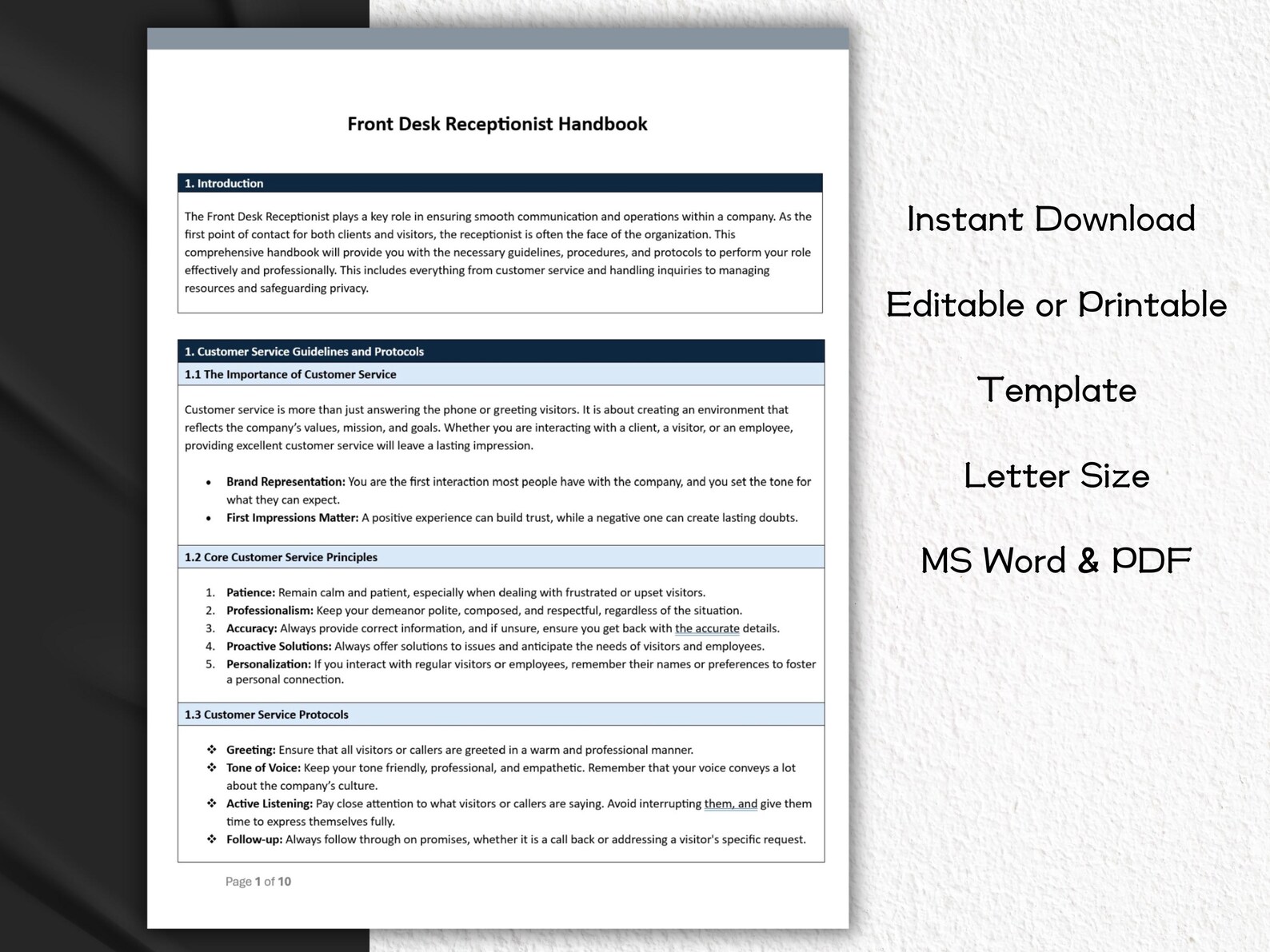 Front Desk Receptionist Handbook Editable Template | Professional ...