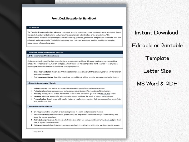 Front Desk Receptionist Handbook Editable Template | Professional ...