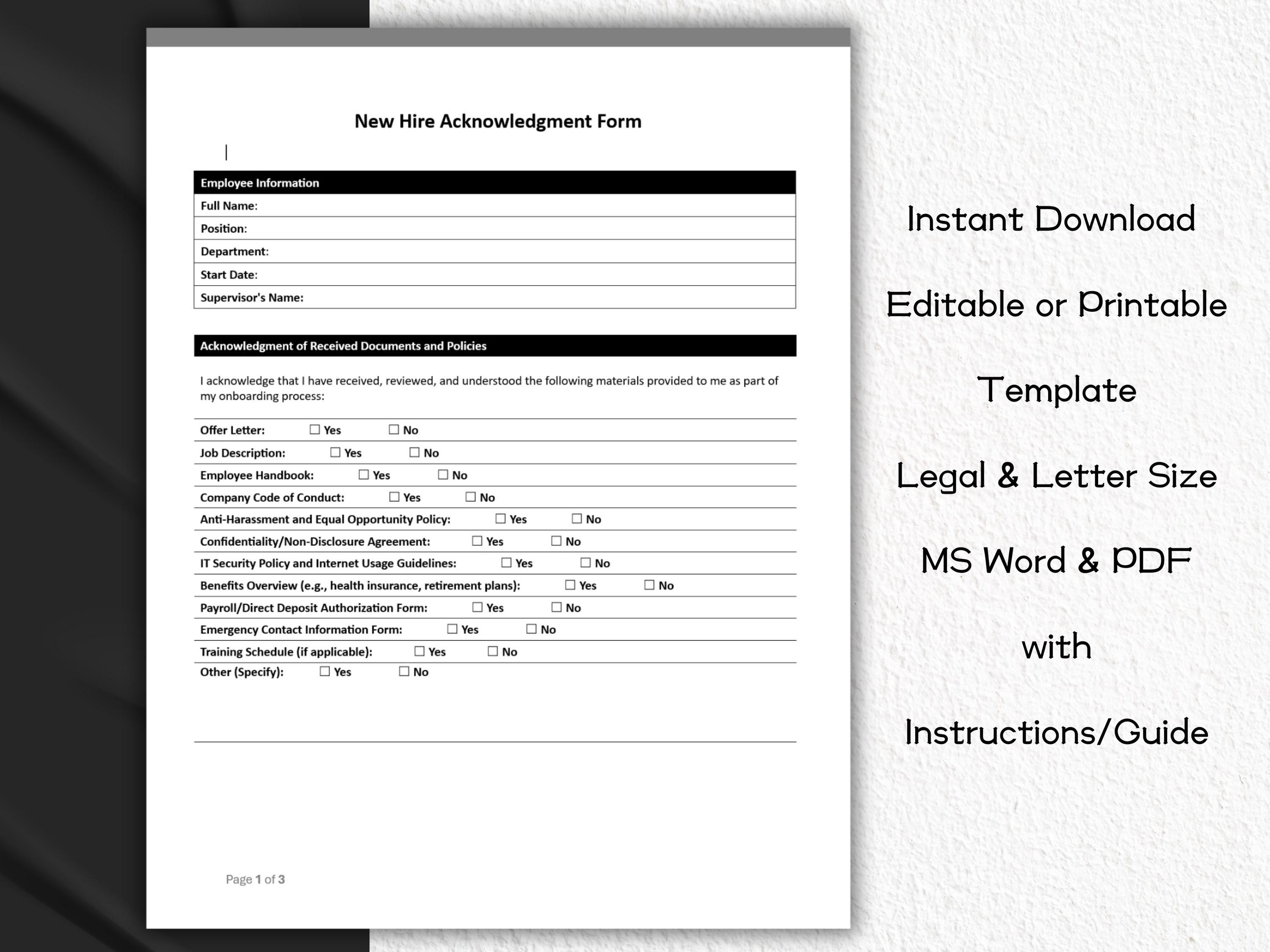 New Hire Employee Acknowledgment Form Editable and Printable Template ...