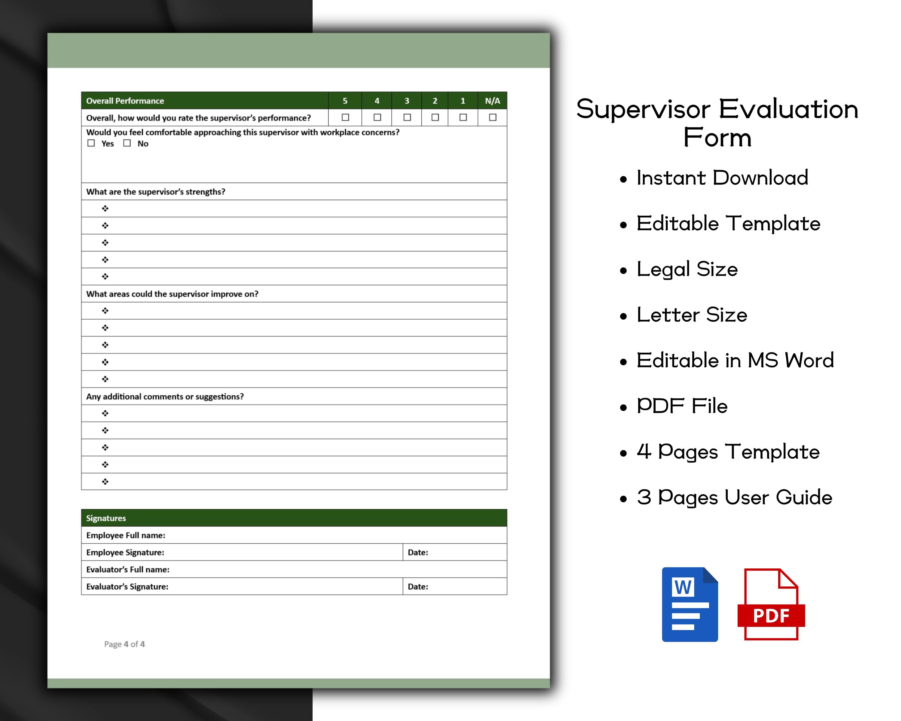 Supervisor Evaluation Form Editable and Printable Template With Manual ...