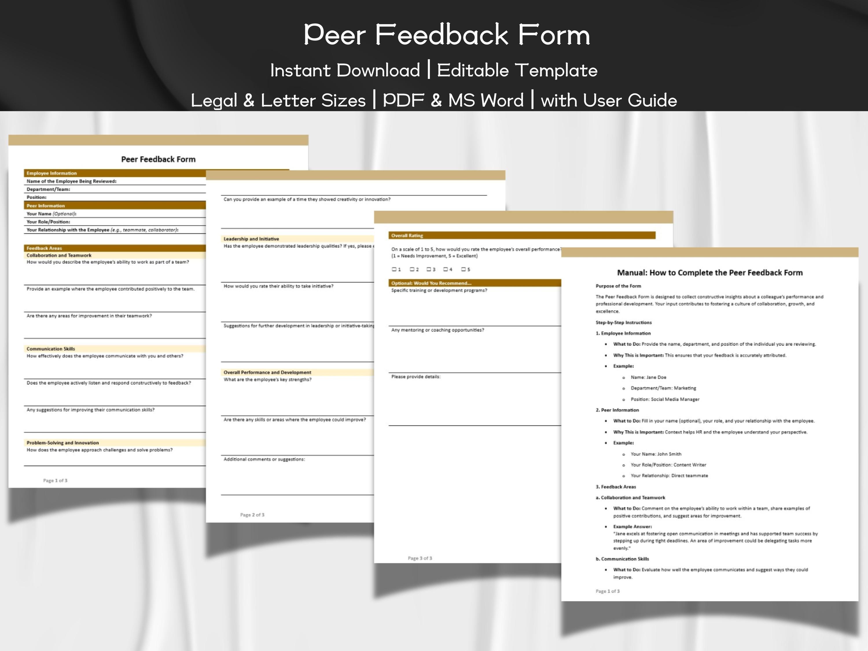 Peer Feedback Form Editable and Printable | Employee Management | Human ...
