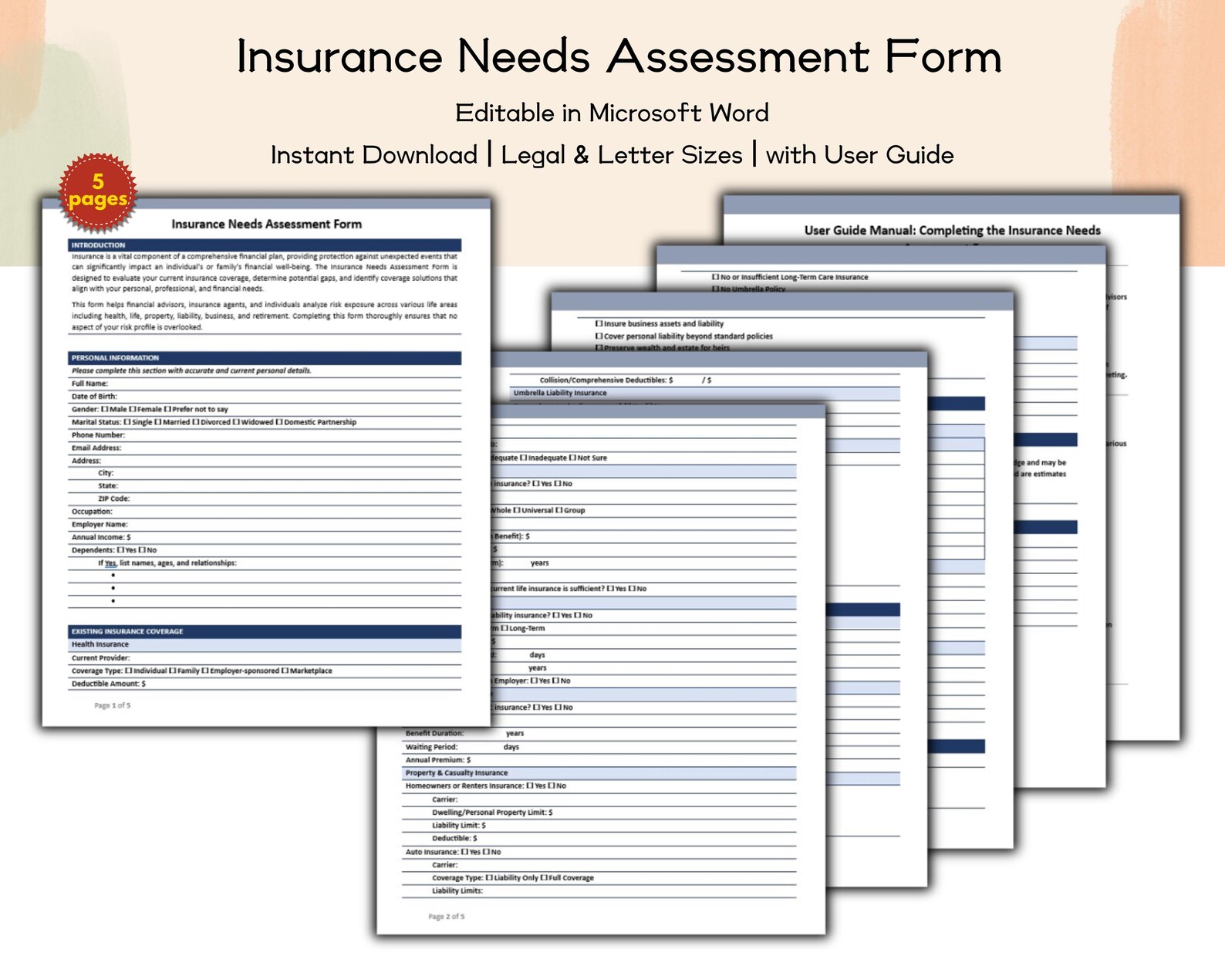 Insurance Needs Assessment Form Editable and Printable Financial ...