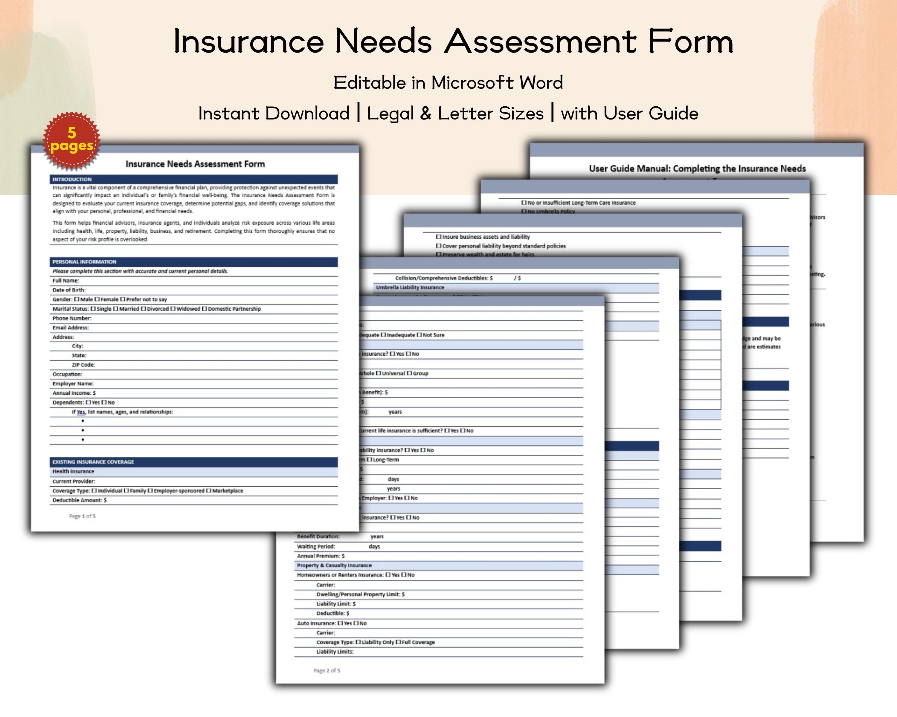 Insurance Needs Assessment Form Editable and Printable Financial ...